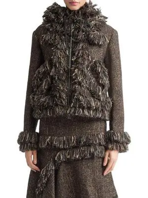 Sacai Fringe Wool Blend Tweed Hooded Jacket - Brown
