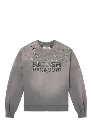 SATOSHI NAKAMOTO Crystal Castle Embellished Distressed Cotton Sweatshirt - Gray
