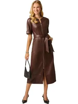 Adrianna Papell Short Sleeve Faux Leather Midi Dress - Coffee