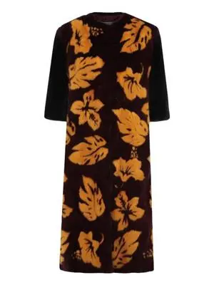 Prada Floral Print Fur Round Collar Coat - Black