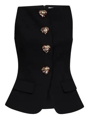 SELF-PORTRAIT Black Wool Crêpe Sleeveless Top With Embellished Buttons - Multicolor