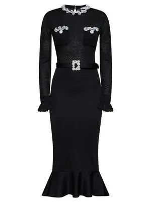 SELF-PORTRAIT Black Knit Midi Dress With Beaded Embroidery - Multicolor