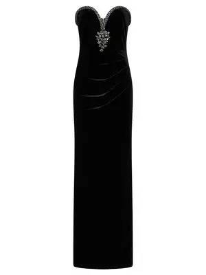 SELF-PORTRAIT Black Crystal-embellished Velvet Long Bustier Dress - Multicolor