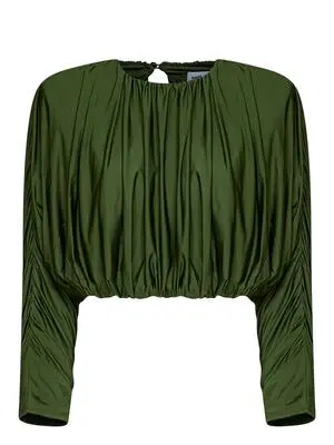 SELF-PORTRAIT SELF-PORTRAIT Olive Jersey Gathered Cropped Top With Keyhole Cut-Out Multicolor