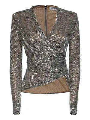 SELF-PORTRAIT Rhinestone Embellished Mesh Wrap Top - Multicolor