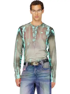 DIESEL® Grandad T-shirt In Cracked Leather-effect Jersey - Green