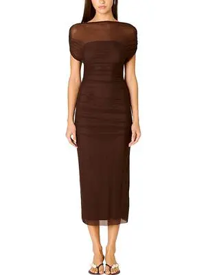 NIA Aria Boat Neck Mesh Bodycon Midi Dress - Chocolate