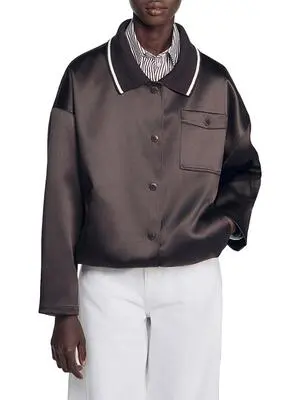 Sandro Quinn Satin Polo Collar Jacket - Brown