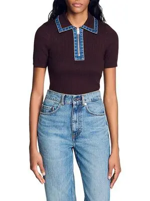 Sandro Richmond Ribbed Knit Polo Sweater With Zip Detail - Brown
