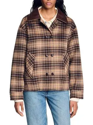 Sandro Mystic Plaid Wool Blend Jacket With Leather Collar - Brown