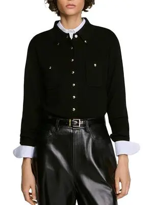 Sandro Wool Blend Shirt Collar Cardigan - Black