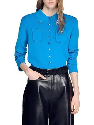 Sandro Wool Blend Shirt Collar Cardigan With Button Detailing - Blue
