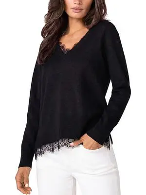 LIVERPOOL Lace Trim V Neck Fine Knit Sweater - Black