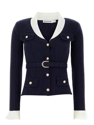 SELF-PORTRAIT Belted Ribbed Knit Cardigan With Pearl Button Detail - Navy