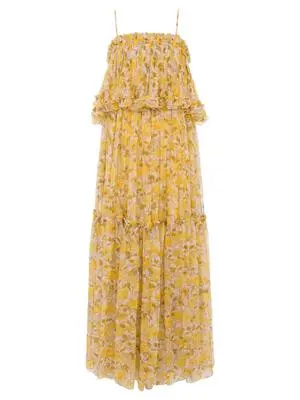 Chloé Spaghetti Strap Ruffled Floral Silk Mini Dress - Giallo