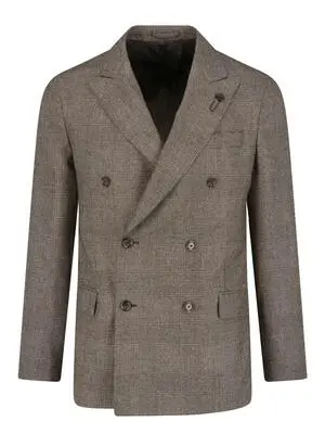 LARDINI Plaid Double-breasted Wool Blazer - Brown