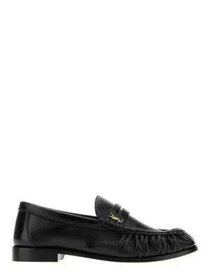 Saint Laurent Black Leather Gathered Moc Toe Loafers - Nero