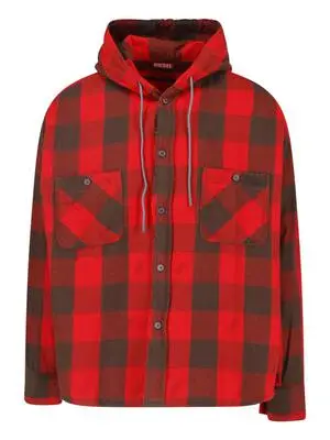 DIESEL® Plaid Hooded Flannel Shirt Jacket - Red