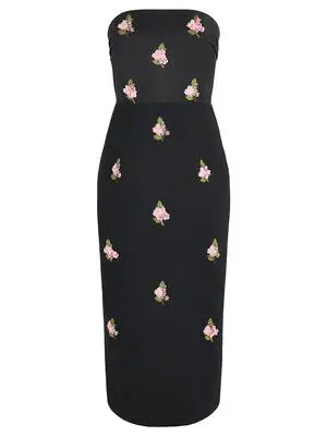 Carolina Herrera Strapless Embroidered Floral Sheath Midi Dress - Black