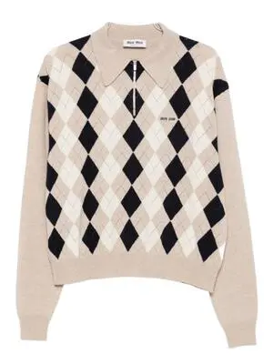 Miu Miu Argyle Intarsia Embroidered Logo Cashmere Polo Shirt - Multicolor