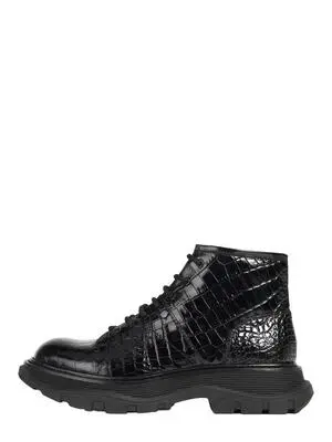 Alexander McQueen Crocodile Effect Lace Up Boots - Black