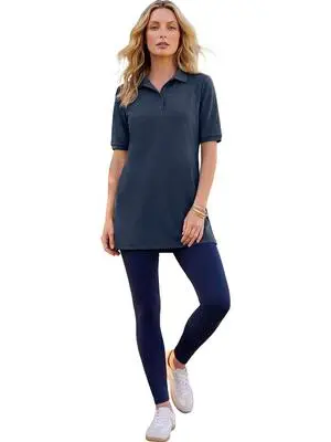 Roaman's Roaman's Oversized Polo Tunic With Short Sleeves Navy