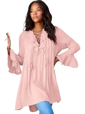 Roaman's Hand Crinkled Ruffle Pintuck Tunic Blouse - Soft Blush