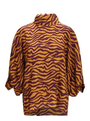 KRISTINA TI High Collar Viscose Silk Blouse With Balloon Sleeves - Orange