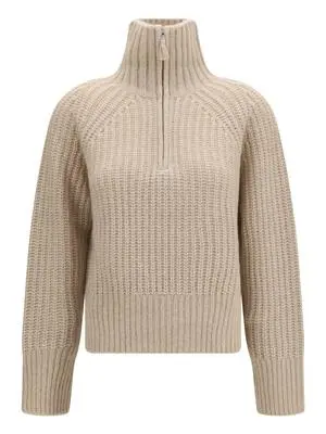ALLUDE ALLUDE Ribbed Zip Troyer Sweater Beige