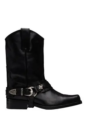 TOGA VIRILIS Embroidered Leather Boots With Buckle Detailing - Black