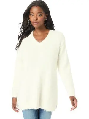 Roaman's Eyelash Yarn V-neck Sweater With Dropped Shoulders - Ivory