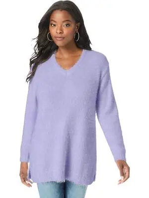 Roaman's Eyelash Yarn V-neck Sweater With Dropped Shoulders - Lavender