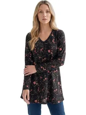Roaman's Roaman's Knit Thermal V-Neck Swing Tunic With Long Sleeves Black Wildflowers
