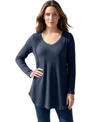 Roaman's Roaman's Knit Thermal V-Neck Swing Tunic With Long Sleeves Navy