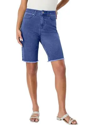 Roaman's Frayed Hem Bermuda Jean Shorts - Medium Wash