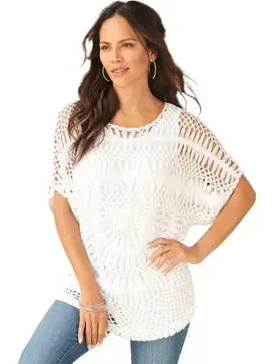 Roaman's Relaxed Pullover Crochet Sweater With Batwing Sleeves White