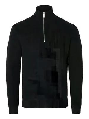 SELECTED Quarter-zip Knitted Sweater With Ribbed Detailing - Black