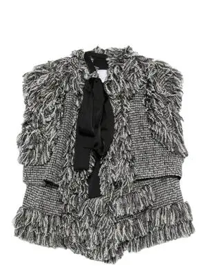 SACAI SACAI Sleeveless Tweed Effect Tiered Fringe Trimmed Pussy-Bow Blouse