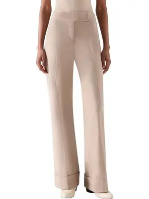 Akris Wool Flannel Wide Leg Pants With Deep Cuffs - Oat