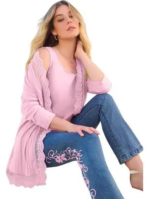 Roaman's Crochet Trim Pointelle Cardigan - Primrose