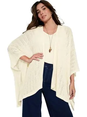 Roaman's Pointelle Open Front Ruana Cardigan - Ivory