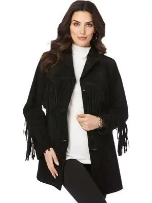 Roaman's Fringe Suede Jacket - Black