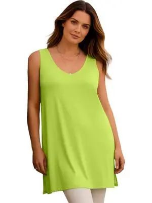 Roaman's Ultra Drape V Neck Hi-Low X Back Tunic Tank Lime