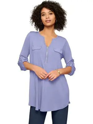 Roaman's Zip Front Ultrasmooth Tunic With Roll-tab Sleeves - Cool Lilac