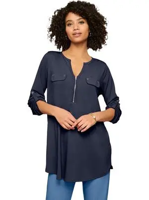 Roaman's Zip Front Ultrasmooth Tunic With Roll-tab Sleeves - Navy