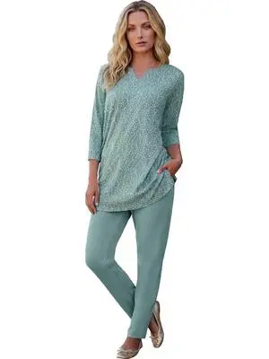 Roaman's Roaman's Three-Quarter Sleeve Notch Neck Soft Knit Tunic Cool Sage