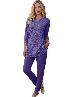 Roaman's Roaman's Three-Quarter Sleeve Notch Neck Soft Knit Tunic Midnight Violet