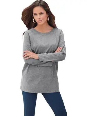 Roaman's Ultimate Cotton Crewneck Long Sleeve Tee - Medium Heather Grey