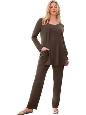 Roaman's Two Pocket Long Sleeve Soft Knit Swing Tunic - Chocolate