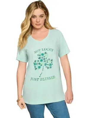 Roaman's Graphic Tee With Slogan Print - Mint Lucky